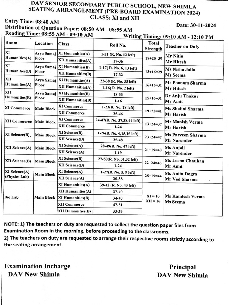 SEATING PLAN (30-11-2024) XI and XII | PDF