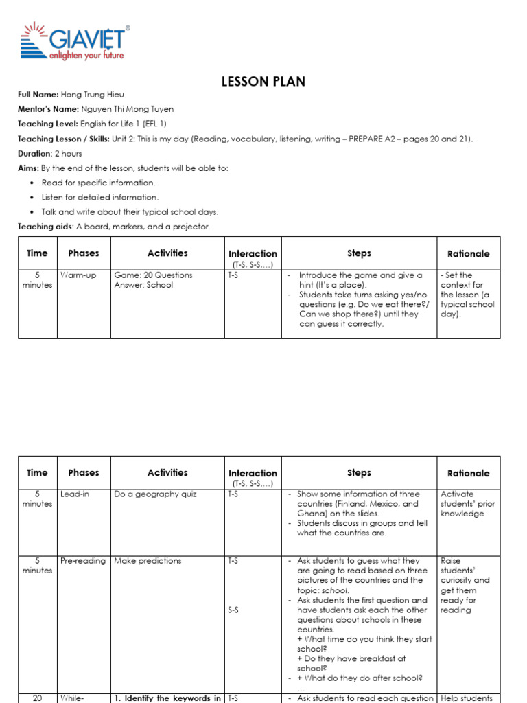 Một ví dụ tham khảo Trung Hiếu - Lesson Plan | PDF | Vocabulary | Human ...
