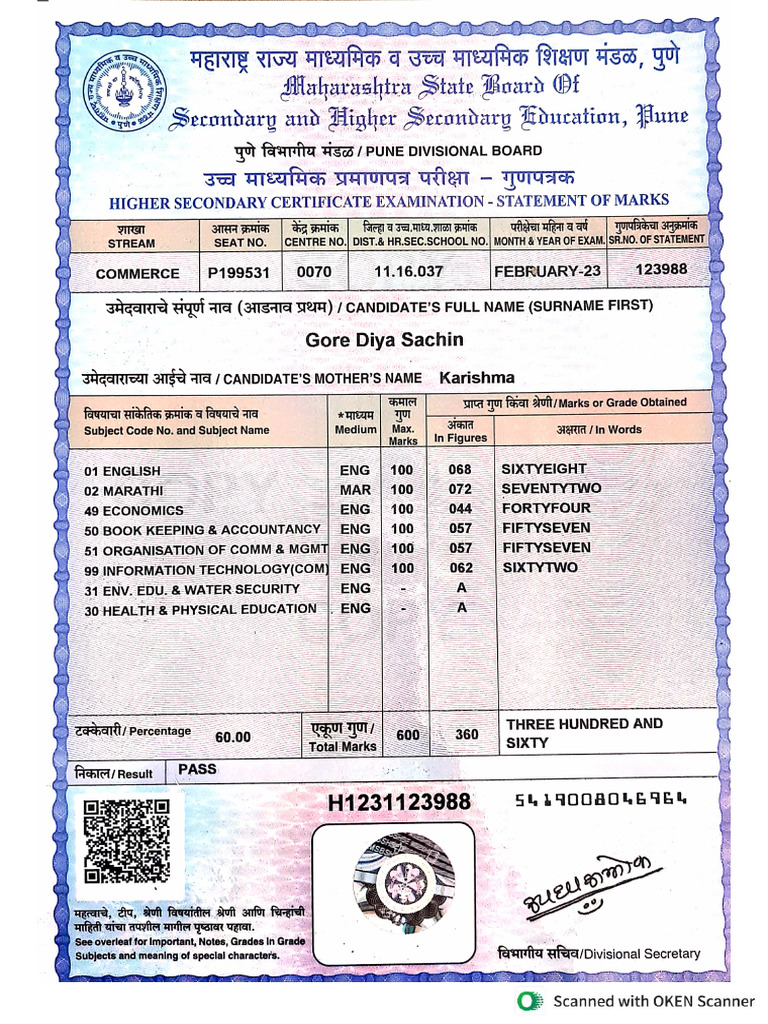 Diya 12th Result | PDF
