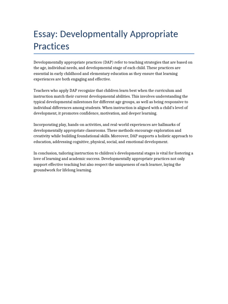Essay Developmentally Appropriate Practices | PDF