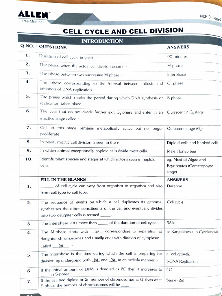 Cell Cycle & Cell Division, Quick Revision, BTP | PDF | Mitosis | Meiosis
