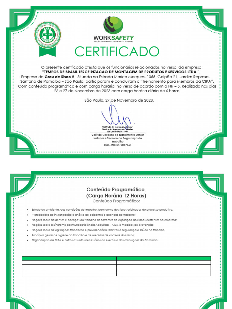 Certificado de Treinamento CIPA 2023 | PDF