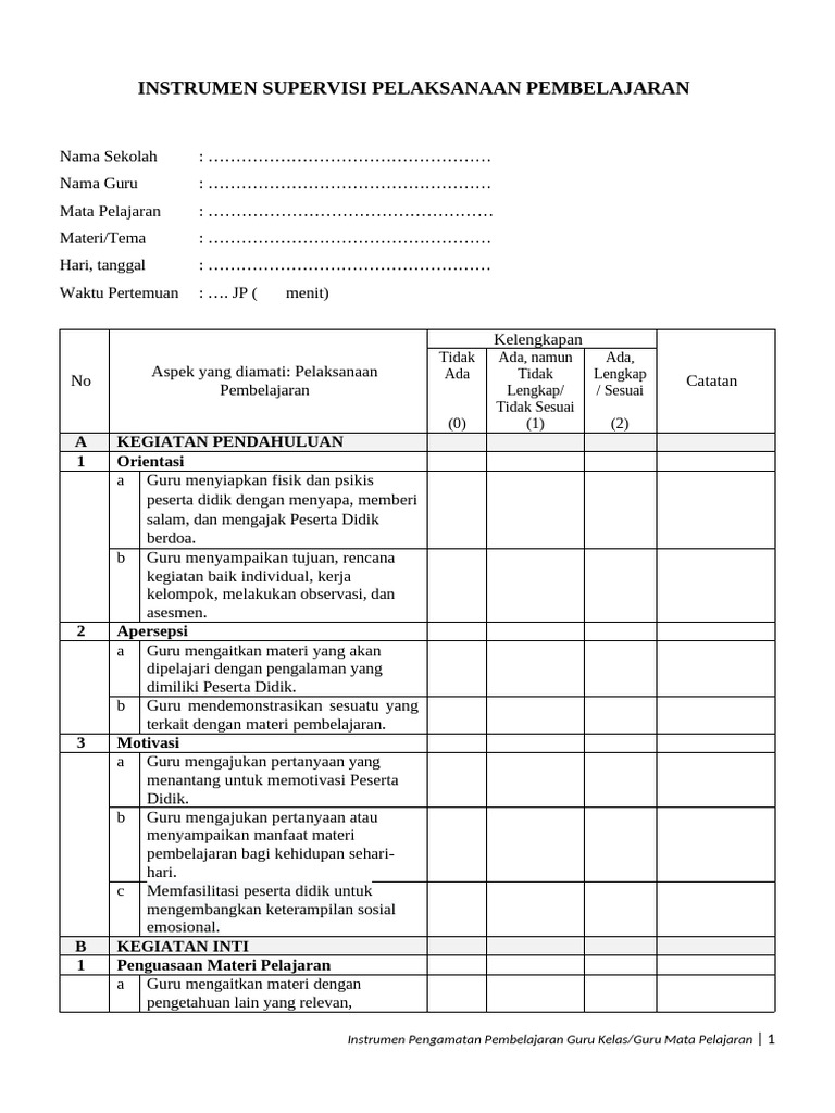 Instrumen Monev Observasi Guru Kelas Dan Guru Mapel | PDF