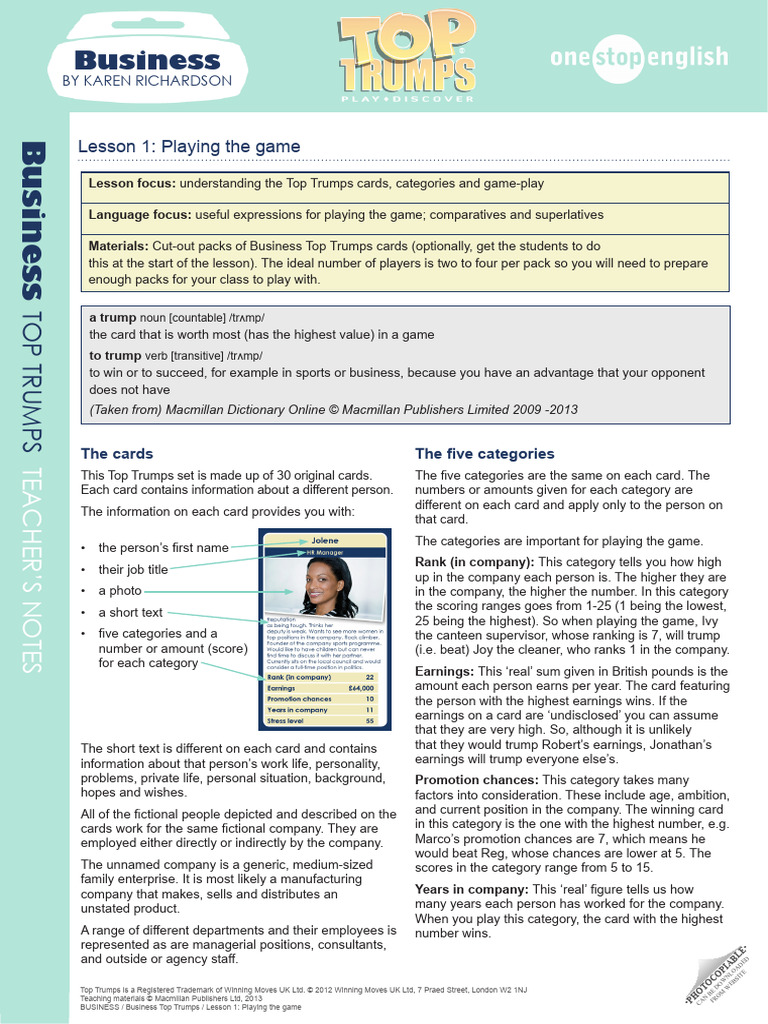 OSE - Business Top Trumps - Lesson 1 | PDF | Linguistic Morphology ...