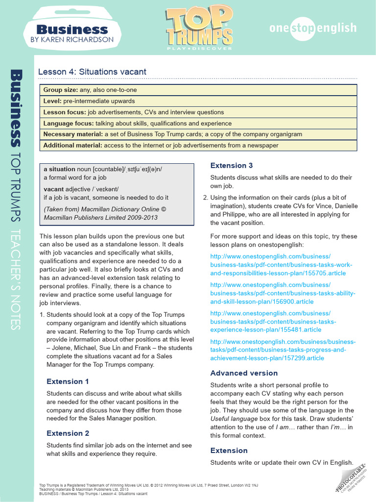 OSE - Business Top Trumps - Lesson 4 | PDF