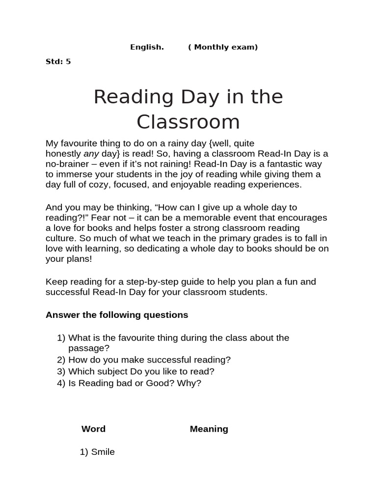 Monthly Exam English STD 5 | PDF