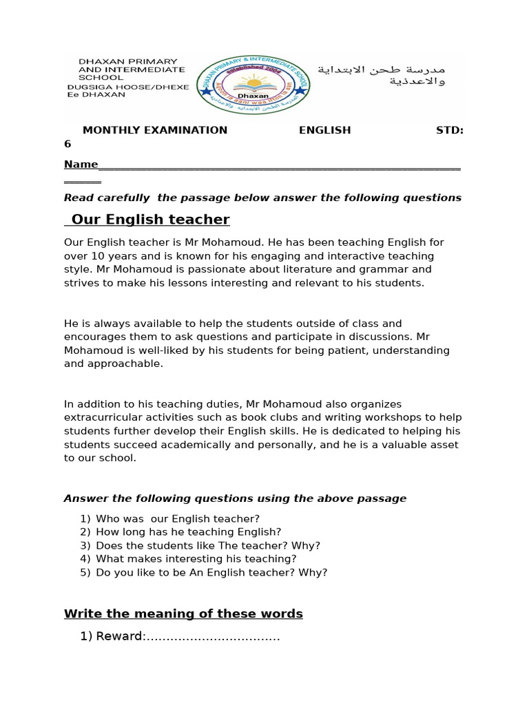 STD 6 Monthly Eng Exam 2025 | PDF