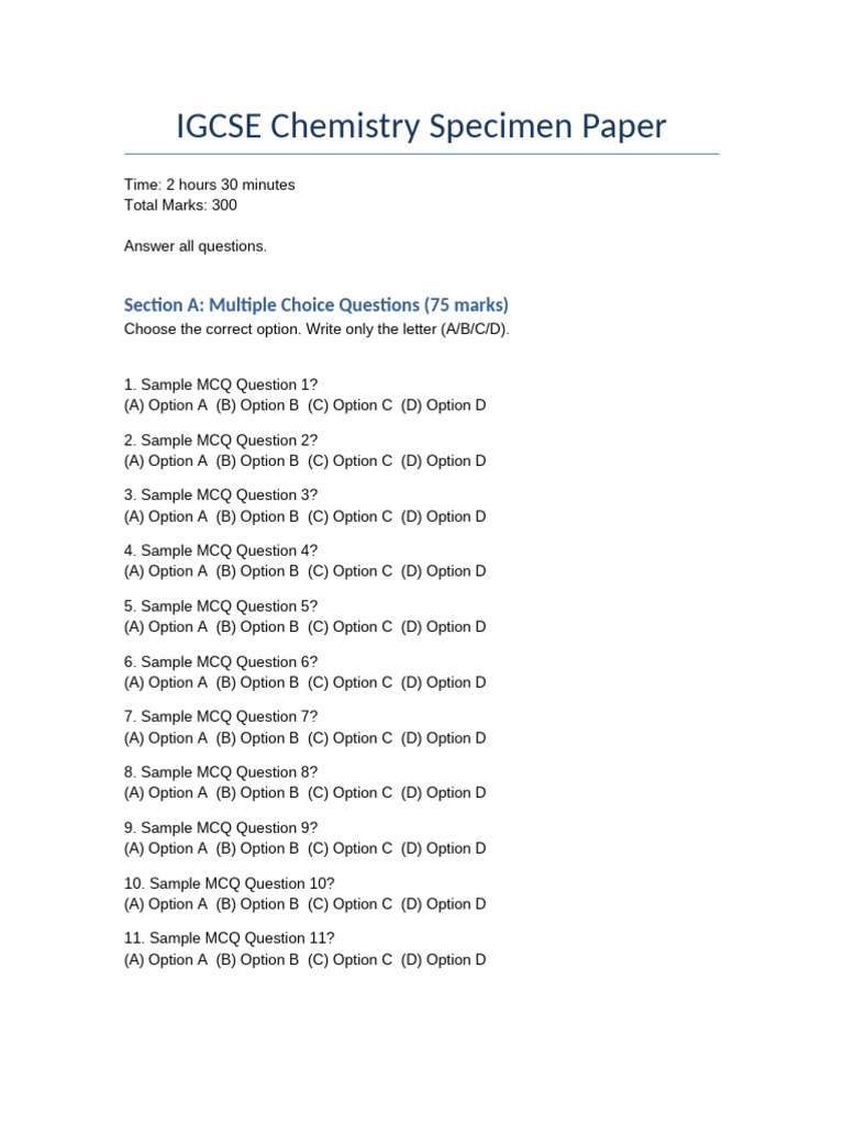 IGCSE_Chemistry_Specimen_Paper_Mock | PDF | Multiple Choice | Physics