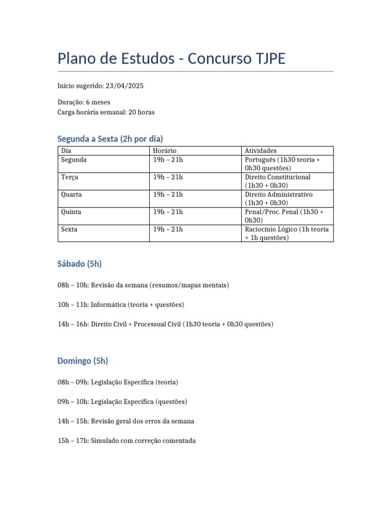 Plano Estudos TJPE | PDF