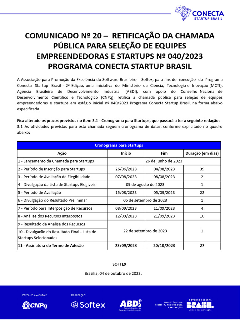Comunicado 20 Alteracao No Periodo Do Termo de Adesao Conecta Startup Brasil 2a Edicao | PDF