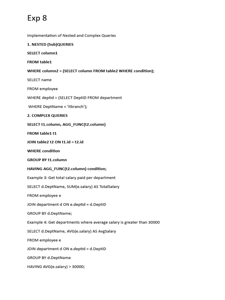Nested and Complex SQL Query Examples | PDF