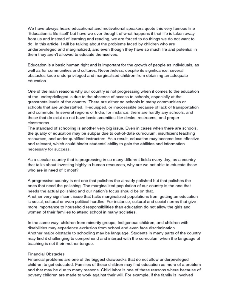 Barriers to Education for Marginalized Children | PDF | Social Policy