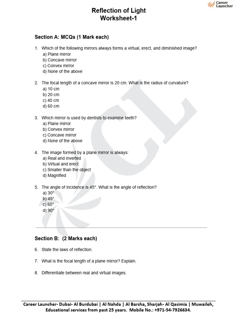 CBSE 10th Reflection of Light Worksheet-1 | PDF | Mirror ...