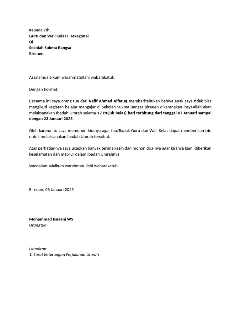 Surat Izin Umrah Anak Sekolah | PDF