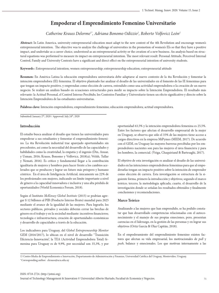 Empoderar El Emprendimiento Femenino Universitario | PDF | Iniciativa empresarial | Validez ...