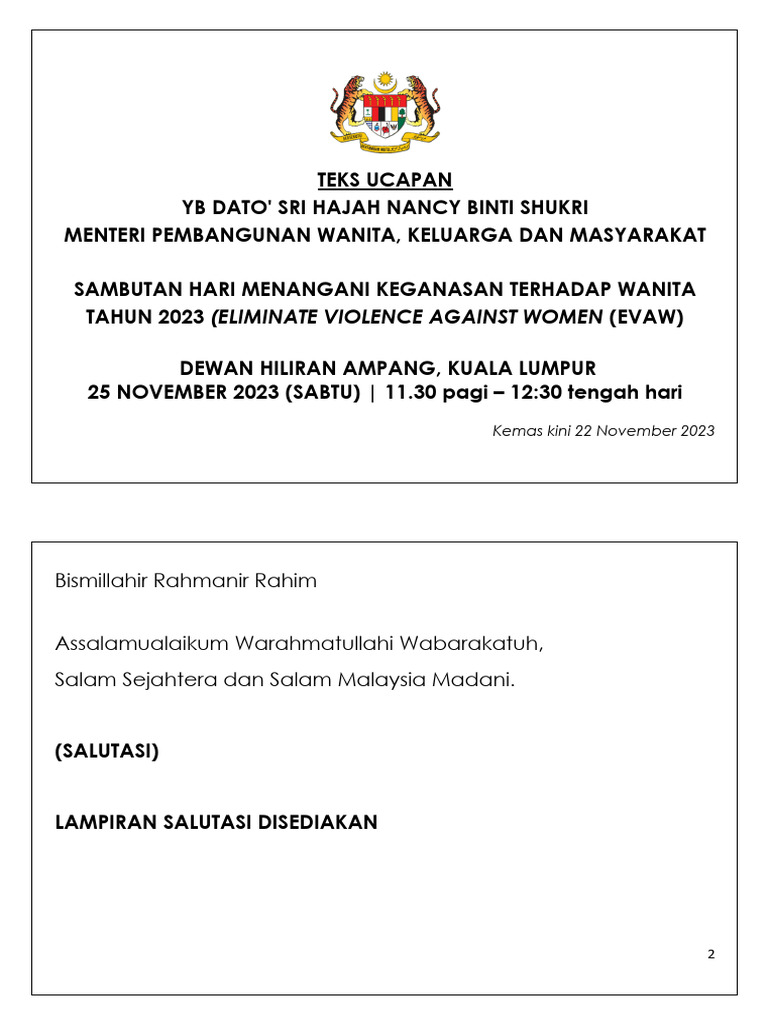 Ucapan YB Menteri - JPW EVAW | PDF