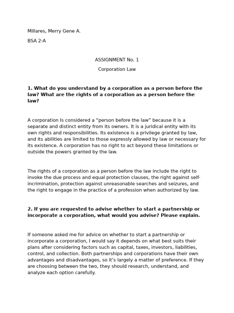 ASSIGNMENT No. 1 Corporation Law | PDF | Corporations | Justice