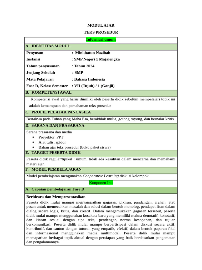 MODUL AJAR struktur teks prosedur | PDF