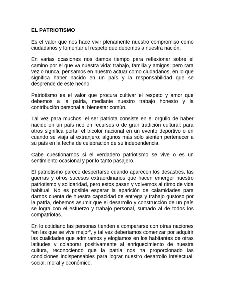 El valor del patriotismo en la ciudadanía | PDF | Patriotismo | Amor