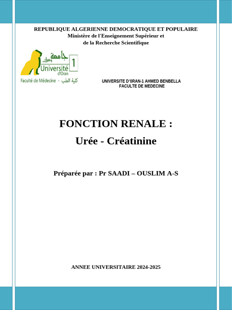Fonction rénale : Urée et créatinine | PDF | Urine | Appareil urinaire