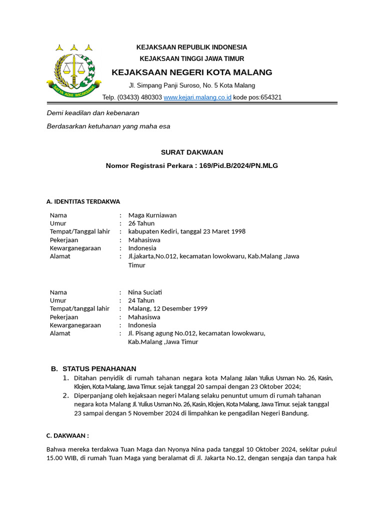 Contoh Surat Dakwaan | PDF