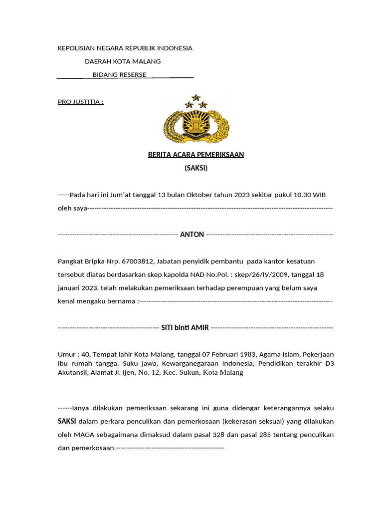 Contoh BAP Saksi | PDF