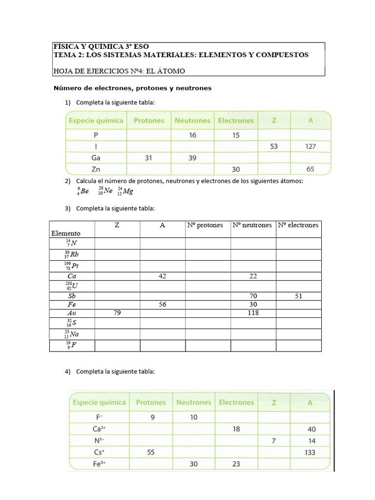 Hoja de Ejercicios Nº1 EL ÁTOMO | PDF | Átomos | Protón