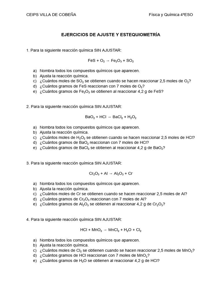 ACTIVIDAD 3 - Estequiometría (Formulación, Ajuste, Cálculo de Moles ...