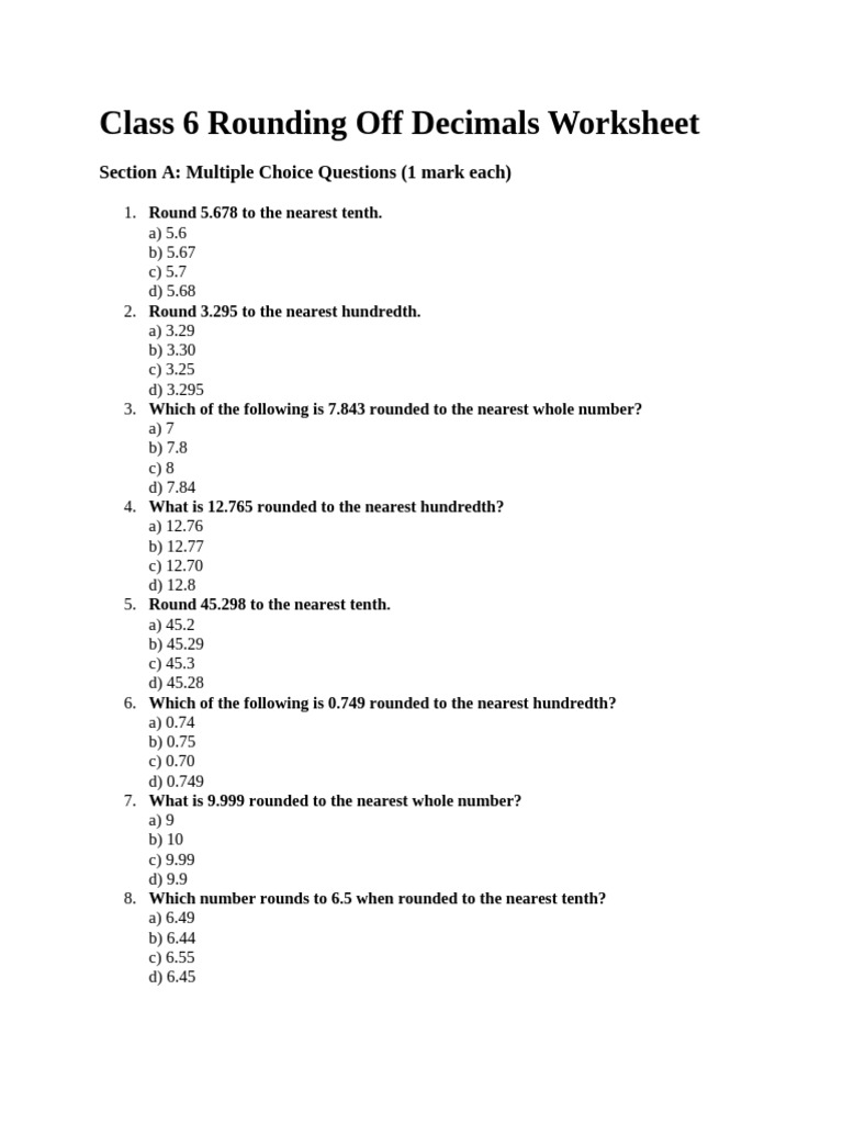 Grade 6 Rounding Decimals Worksheet | PDF