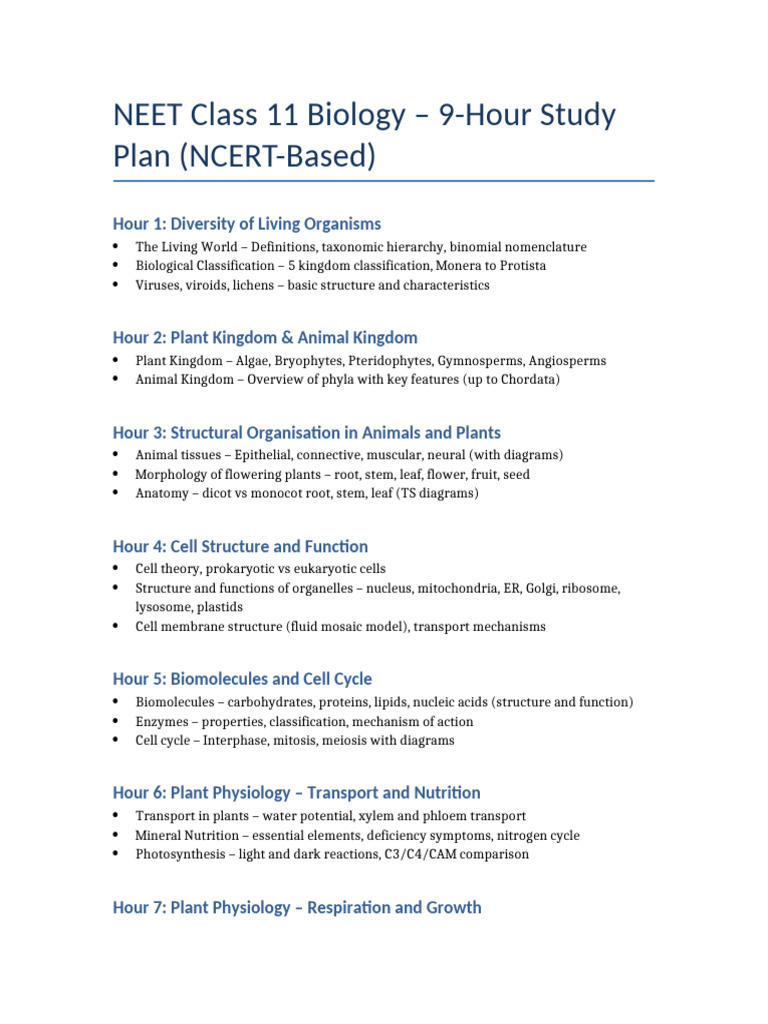 NEET Class 11 Biology 9 Hour Study Plan | PDF