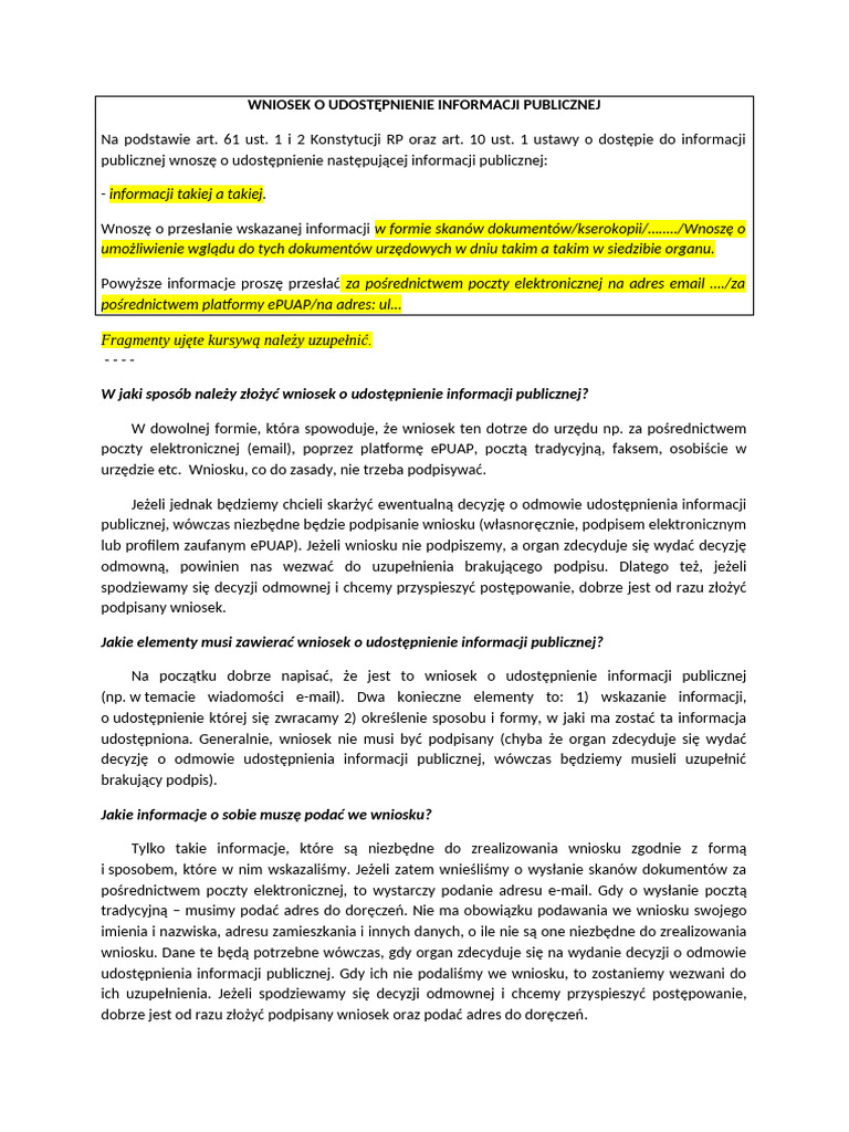 Wzor - Wniosek o Udostepnienie Informacji Publicznej 11.2019 | PDF