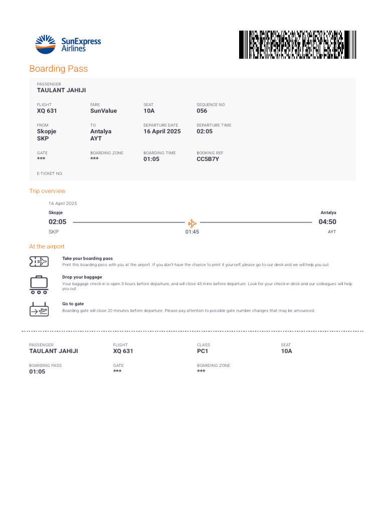 Sunexpress Boarding Pass | PDF