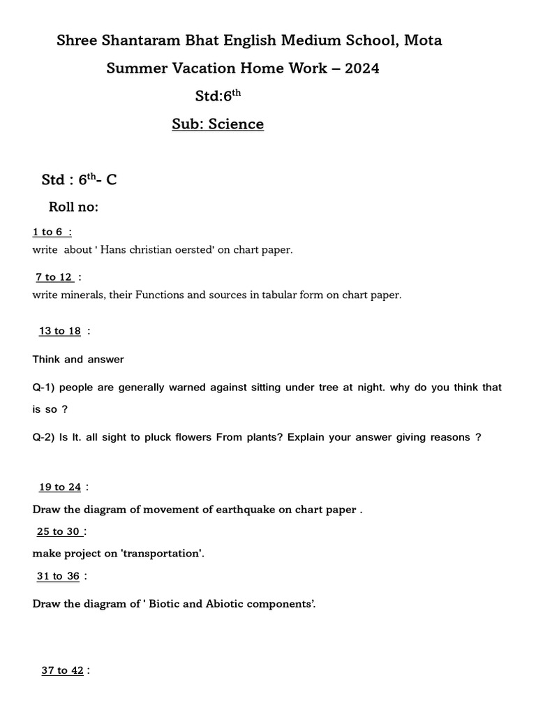 Shree Shantaram Bhat English Medium School, Mota Summer Vacation Home Work - 2024 Std:6 Sub ...
