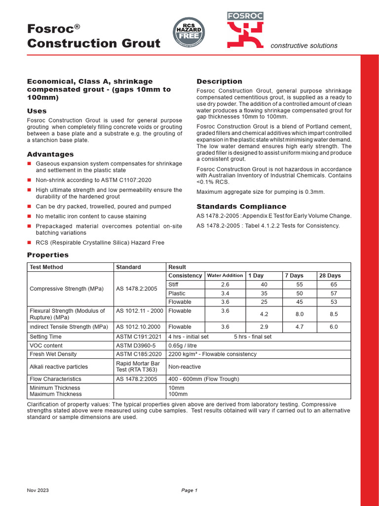 Fosroc Construction Grout TDS | PDF | Concrete | Cement