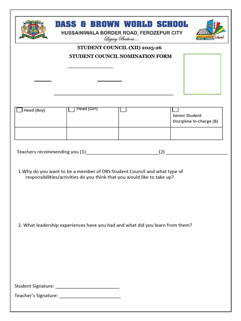 Student Council Nomination Form Xii-2025 | PDF