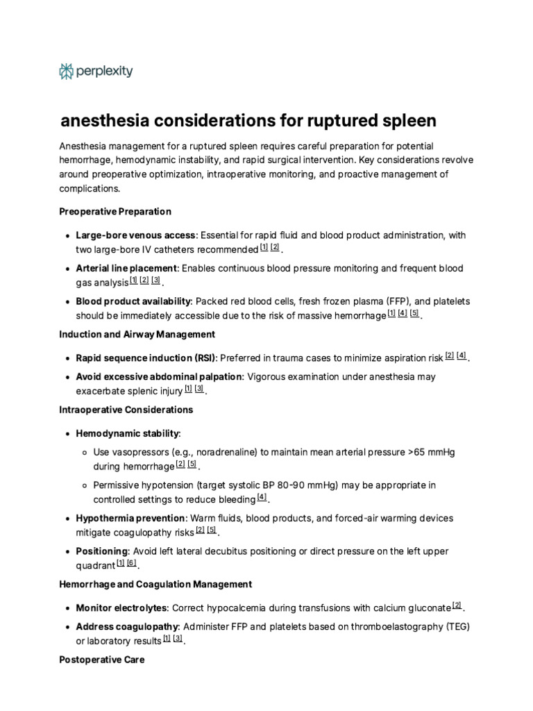 Anesthesia Considerations For Ruptured Spleen | PDF | Bleeding ...