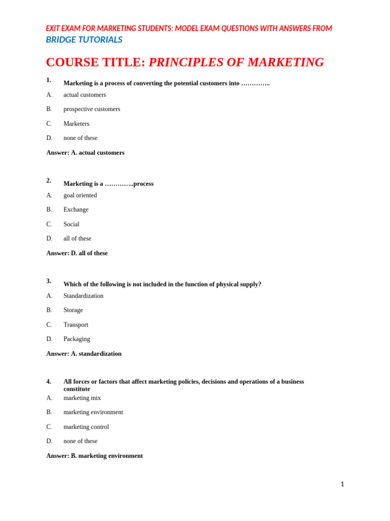 Marketing Exit Exam Practice Questions | PDF | Pricing | Marketing