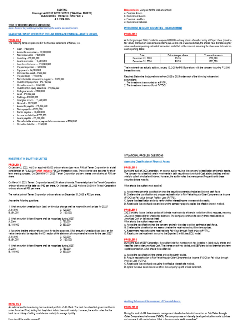 Quicknote 1.1 - Audit of Investments - MCQ - Part 2 | PDF | Valuation (Finance) | Fair Value