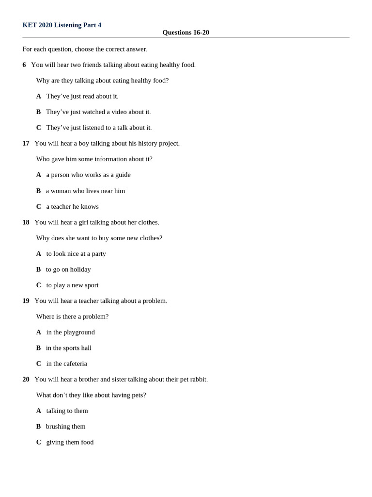 KET 2020 Listening Part 4 VI | PDF