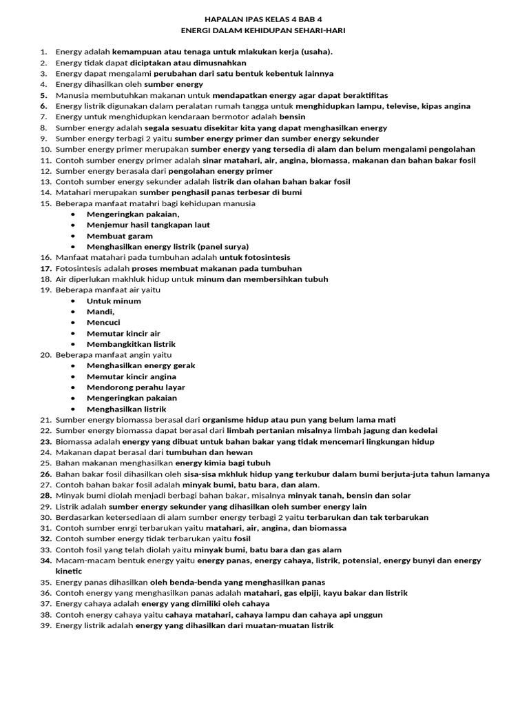 Hapalan Ipas Bab 4 KLS 4 Energi Dalam Kehidupn Sehari-Hari | PDF