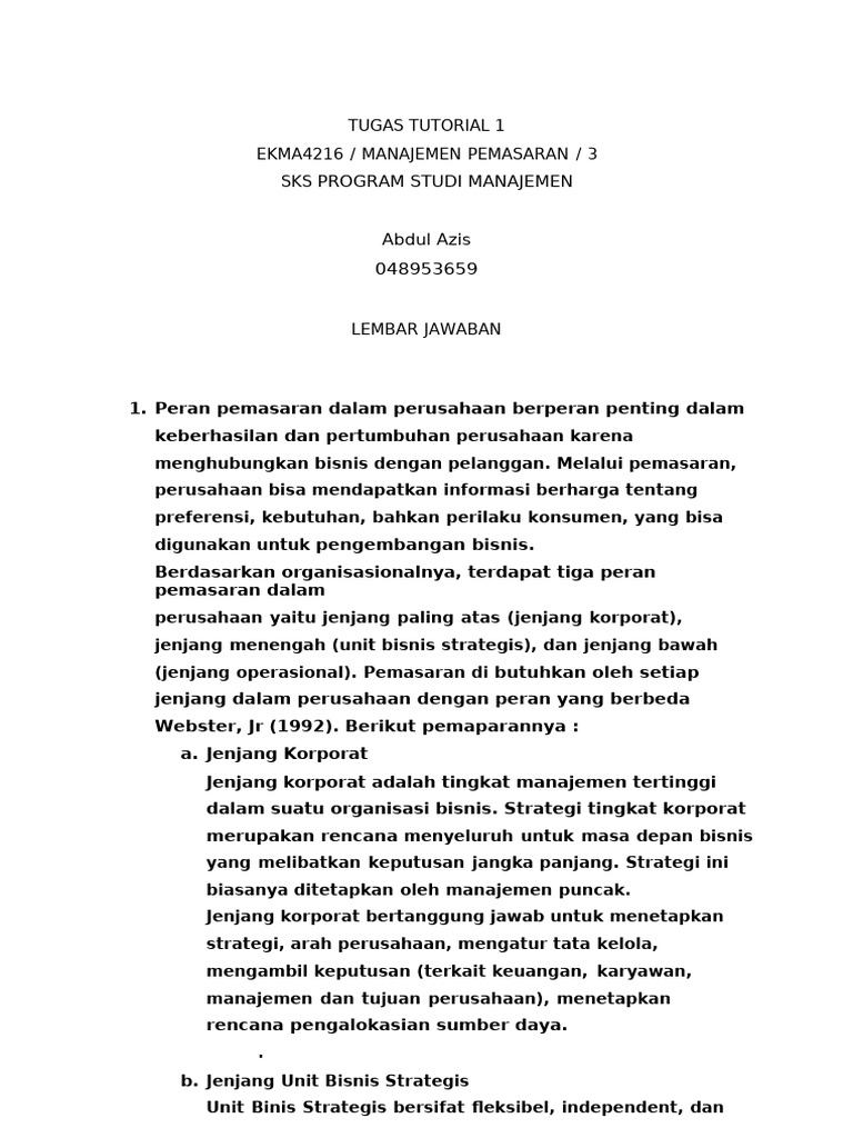 Tugas 1 M. Pemasaran Abdul Azis | PDF