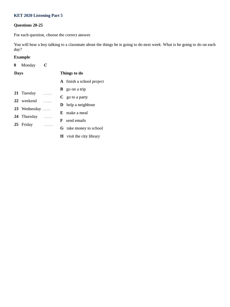 KET 2020 Listening Part 5 VI Comp | PDF