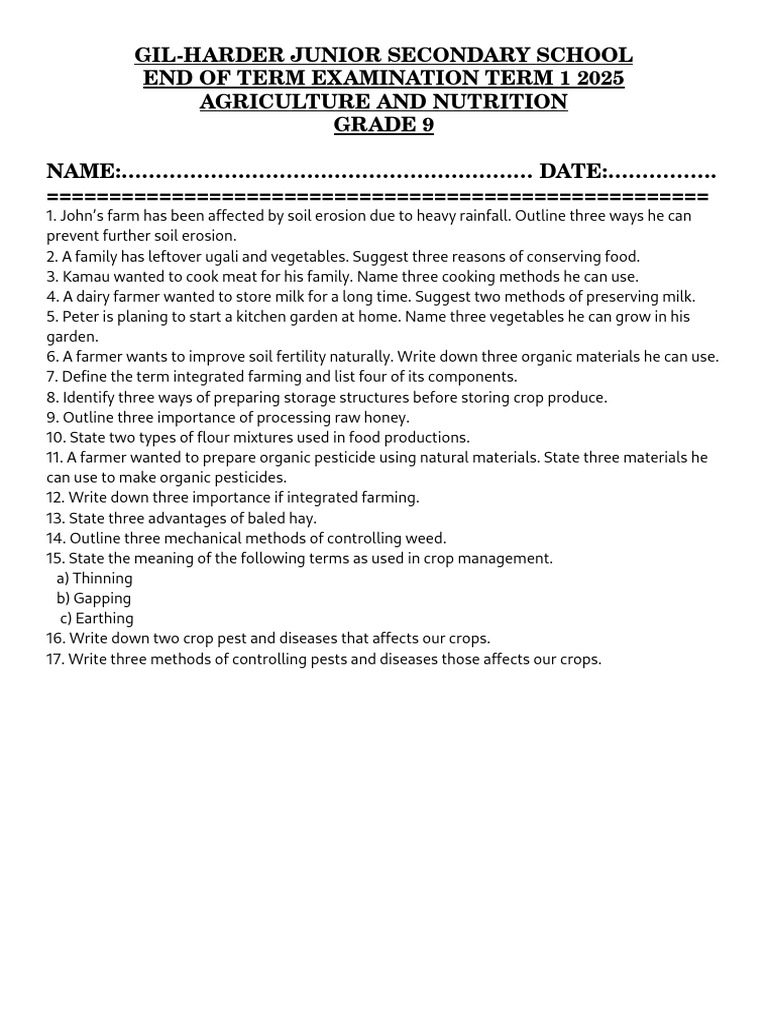 Grade 9 Agriculture Exam Questions | PDF