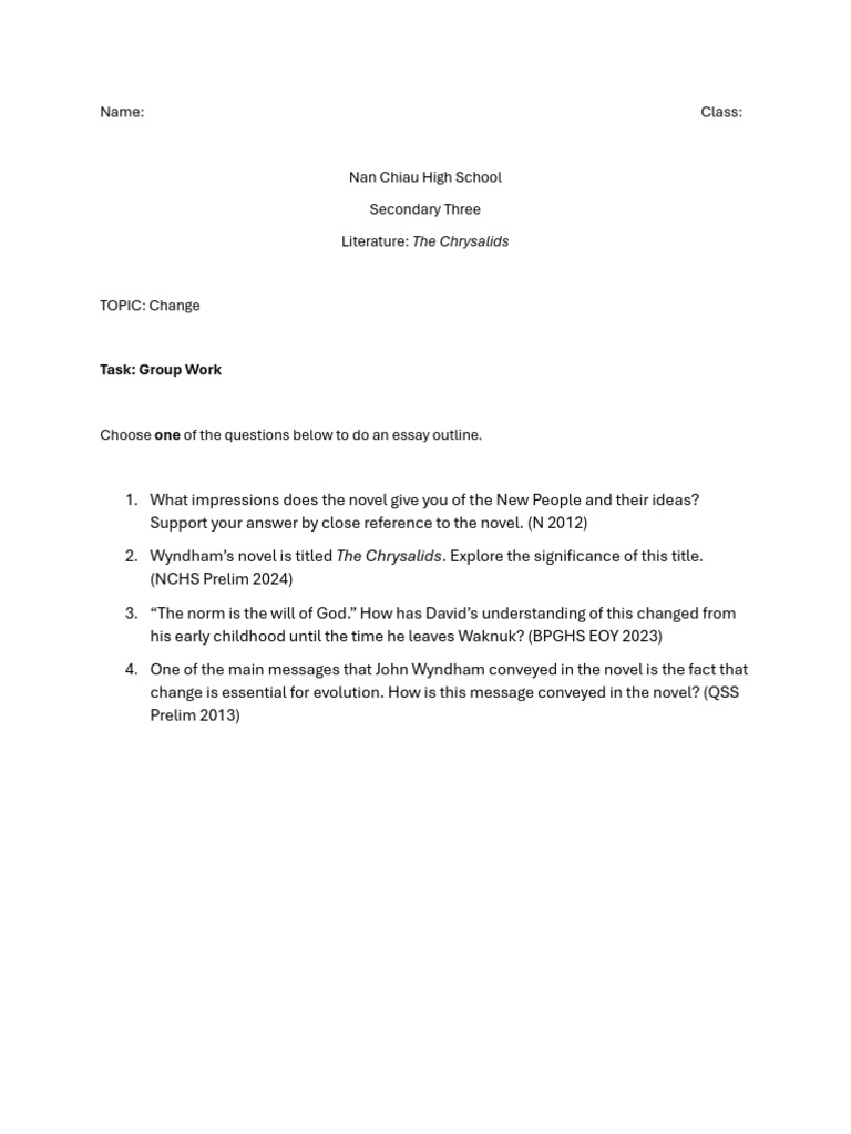 Essay Outline for The Chrysalids Analysis | PDF