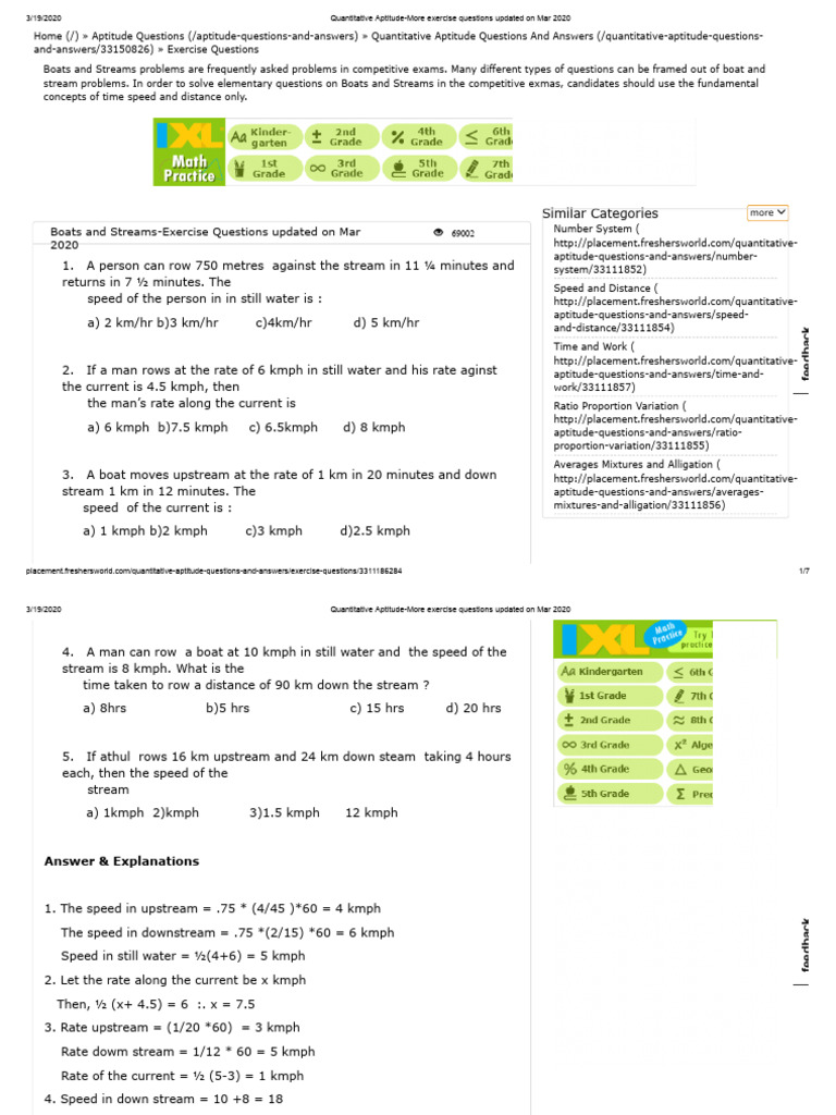 Boats and Streams Aptitude Questions | PDF | Speed