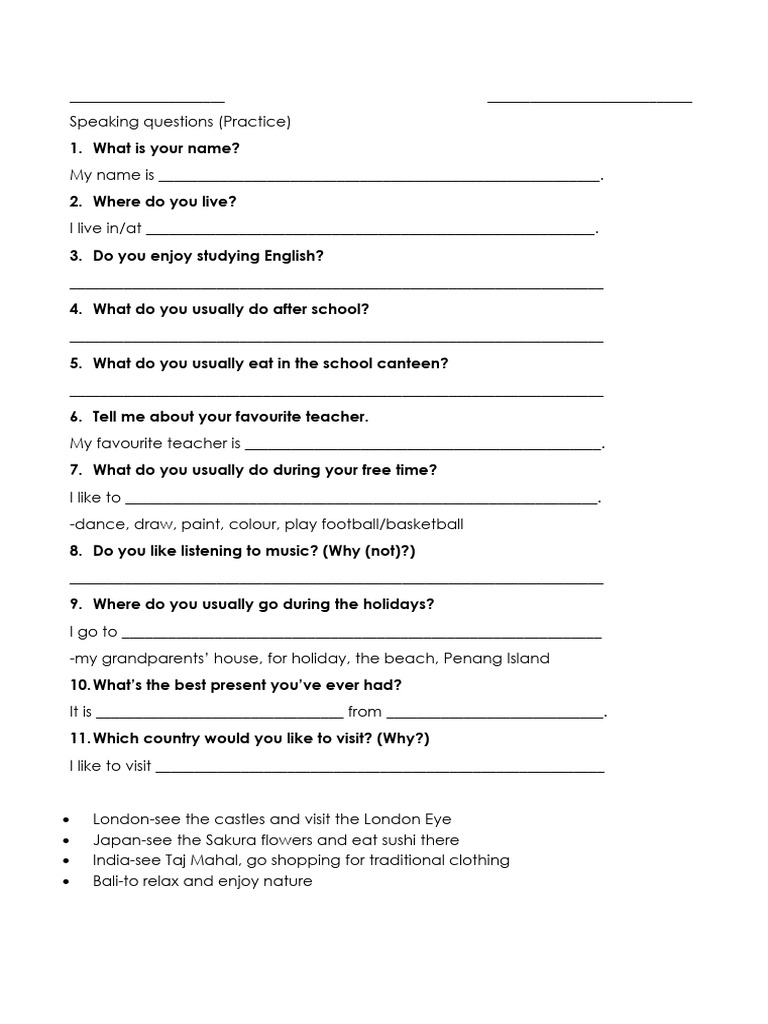 A1-B1 Speaking Practice Questions | PDF