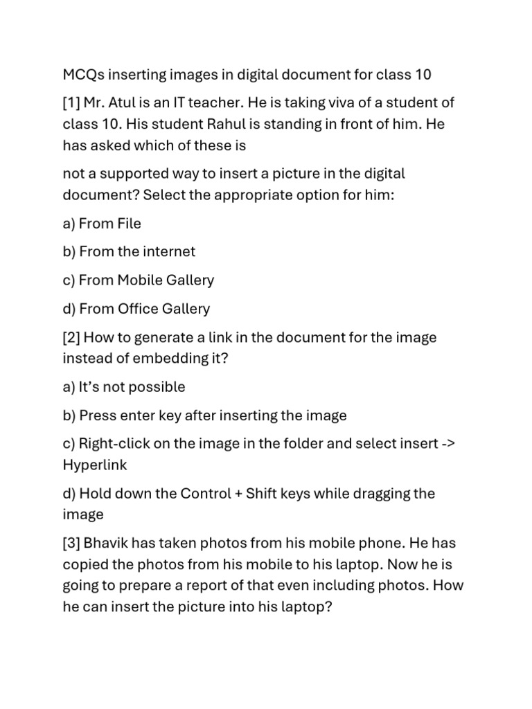 MCQs Inserting Images in Digital Document For Class 10 | PDF | Image Scanner | Software
