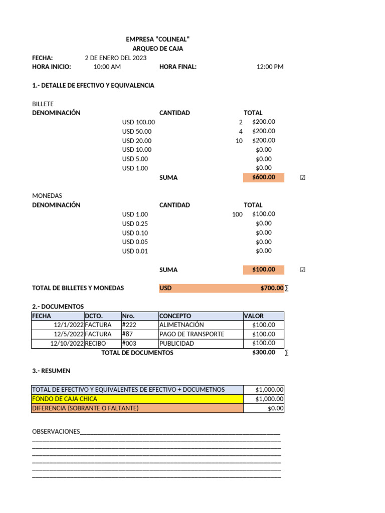 Arqueo de Caja: Informe Detallado 2023 | PDF | Dólar de los Estados ...
