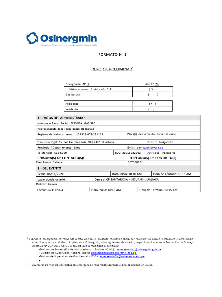 Osinergmin-REUM-F1-Reporte-Preliminar ANX837 | PDF