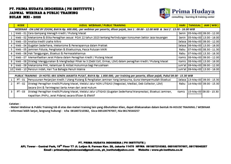 2025 - PH INSTITUTE - JADWAL WEBINAR TRAINING - MEI. | PDF